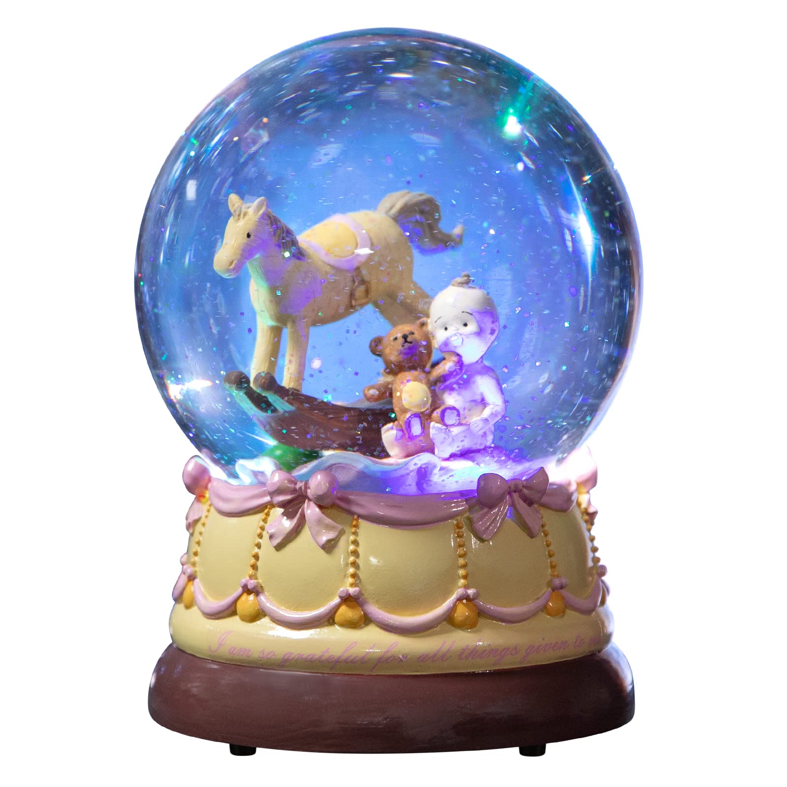 Juniland Musical Snow Globe for Baby Girl, Large-Sized Snow Globe with Light Effects and Moving Rocking Horse, Snowglobe for New Born, Christen, Baptism Nursery Decor Plays Tune Rock-a-Bye Baby Pink