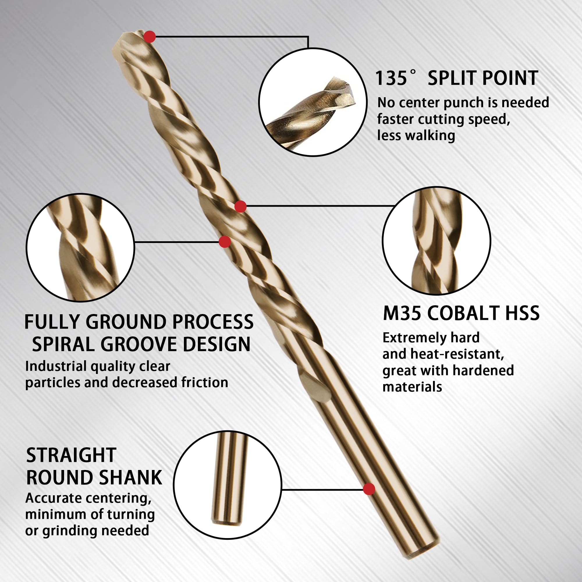 AIMLENTOOL 15Pcs Cobalt Drill Bit Set, M35 HSS, SAE (1/16" - 3/8"), 135° Tip, Twist Jobber Length Drill Bit Kit for Hardened Metal, Stainless Steel, Cast Iron, Plastic and Wood, Indexed Storage Case