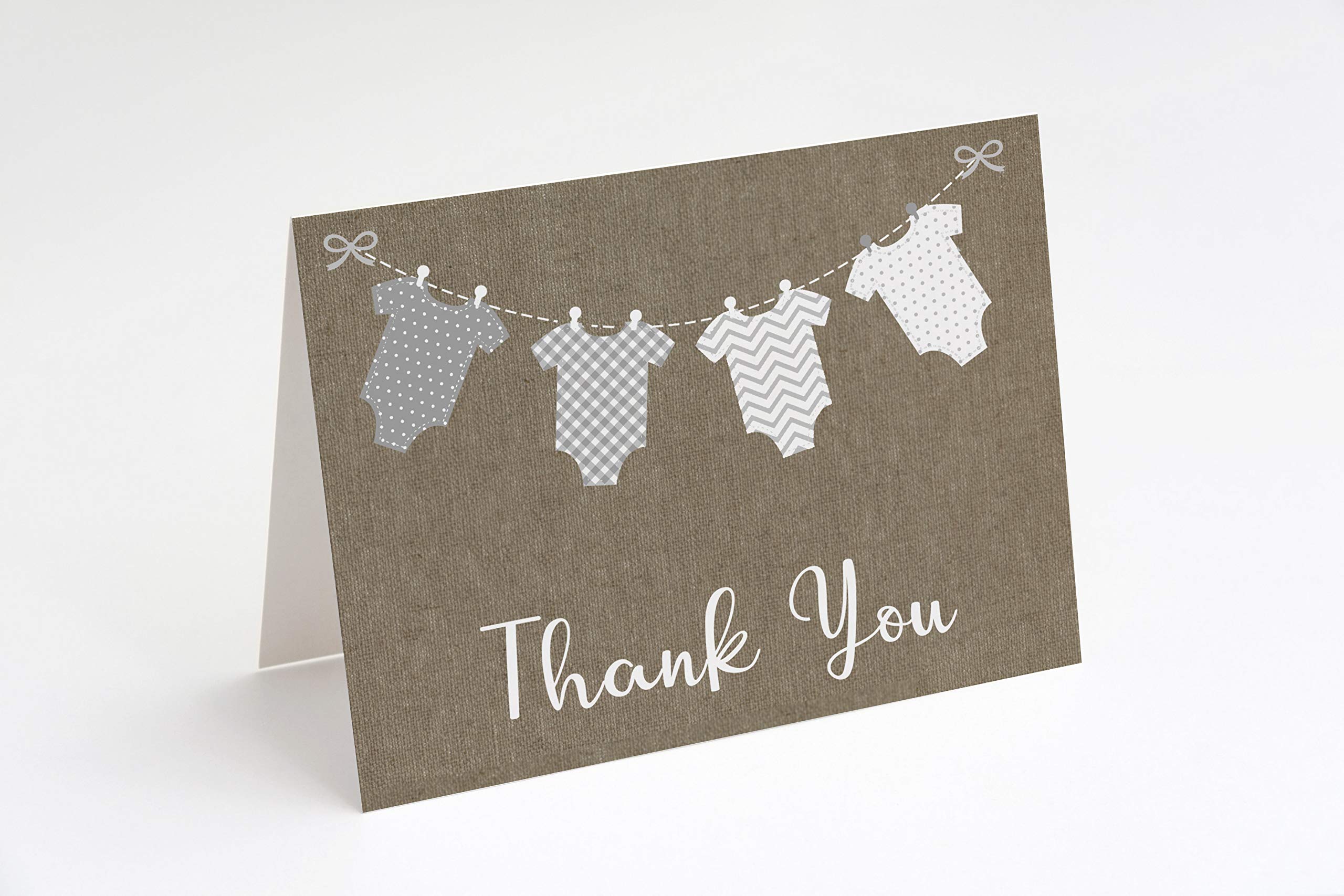 The Invite Lady Baby Shower Thank You Cards Burlap Sprinkle Jumpers Lovely Laundry Clothes Line Bodysuits Bow Tie Gender Neutral White Grey Gray Unisex (24 count)