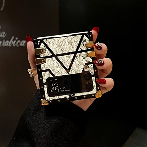 CCSmall Square Phone Case for Samsung Galaxy Z Flip3 with Ring Kickstand for Women Girly, Cute Elegant Metal Decoration Corner Soft TPU Case Cover for Samsung Galaxy Z Flip 3 BF Plaid Gold