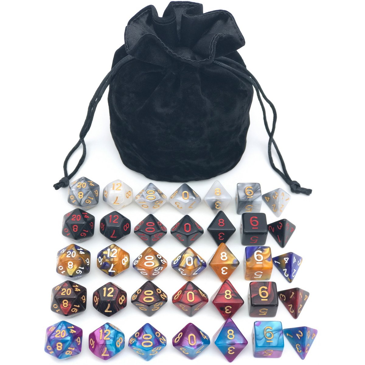 Assorted Polyhedral Dice Set with Black Drawstring Bag, 5 Complete Dice Sets of D4 D6 D8 D10 D% D12 D20 Great for Dungeons and Dragons DND RPG MTG Games