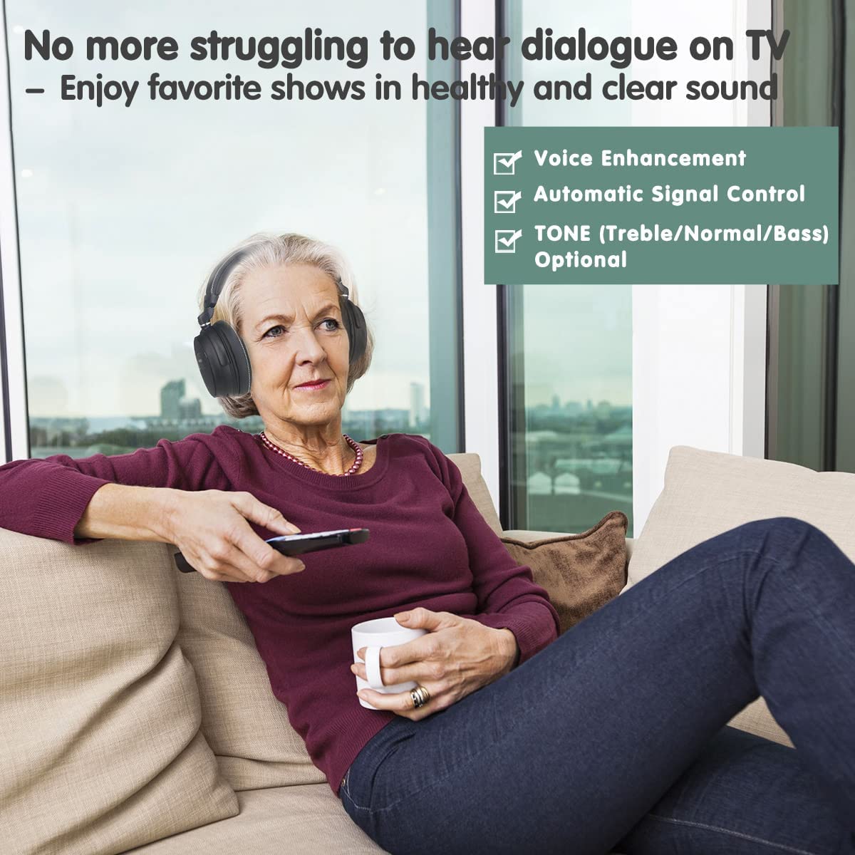 SIMOLIO SM-826D 2.4GHz Digital Wireless Headphone for TV, No Delay, 100 ft Work Range, Tone Options, Voice Amplification TV Headphone Ideal for Seniors and Hard of Hearing, USB Charging & Sharing Port