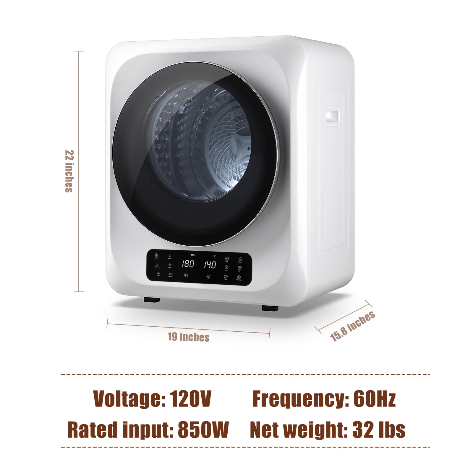 Auertech Portable Dryer with LCD Control Panel, 1.5 cu.ft Mini Clothes Dryer Machine with Stainless Steel Tub, 5 Modes, 850W 10 lbs Front Load Small Electric Dryer for Apartment, Laundry, RVs (White)