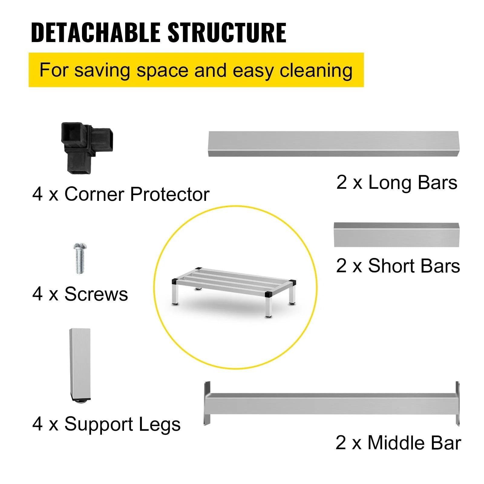 48'' x 14'' Aluminum Dunnage Rack, 8'' Off The Floor, 1000lbs Capacity Aluminum Floor Food Shelf for Storage in Restaurant, Kitchens, Shops