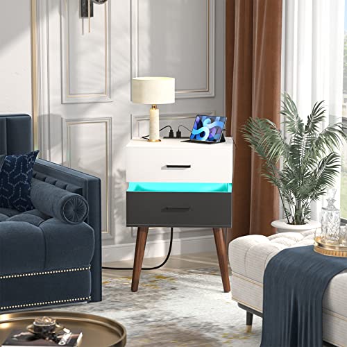 armocity Nightstands with Charging Station and LED Light, Bedside Table with Drawers, Modern Nightstand with Charging Port, Sturdy Night Stands with Light for Bedrooms, Guest Room, White and Black