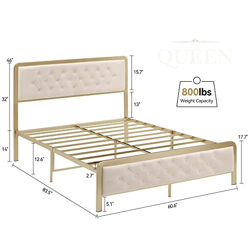 Amyove Golden Queen Size Bed Frame,Upholstered Bed Frame with Button Tufted Headboard,Heavy Duty Metal Easy Assembly,No Box Spring Needed (Beige, Queen)