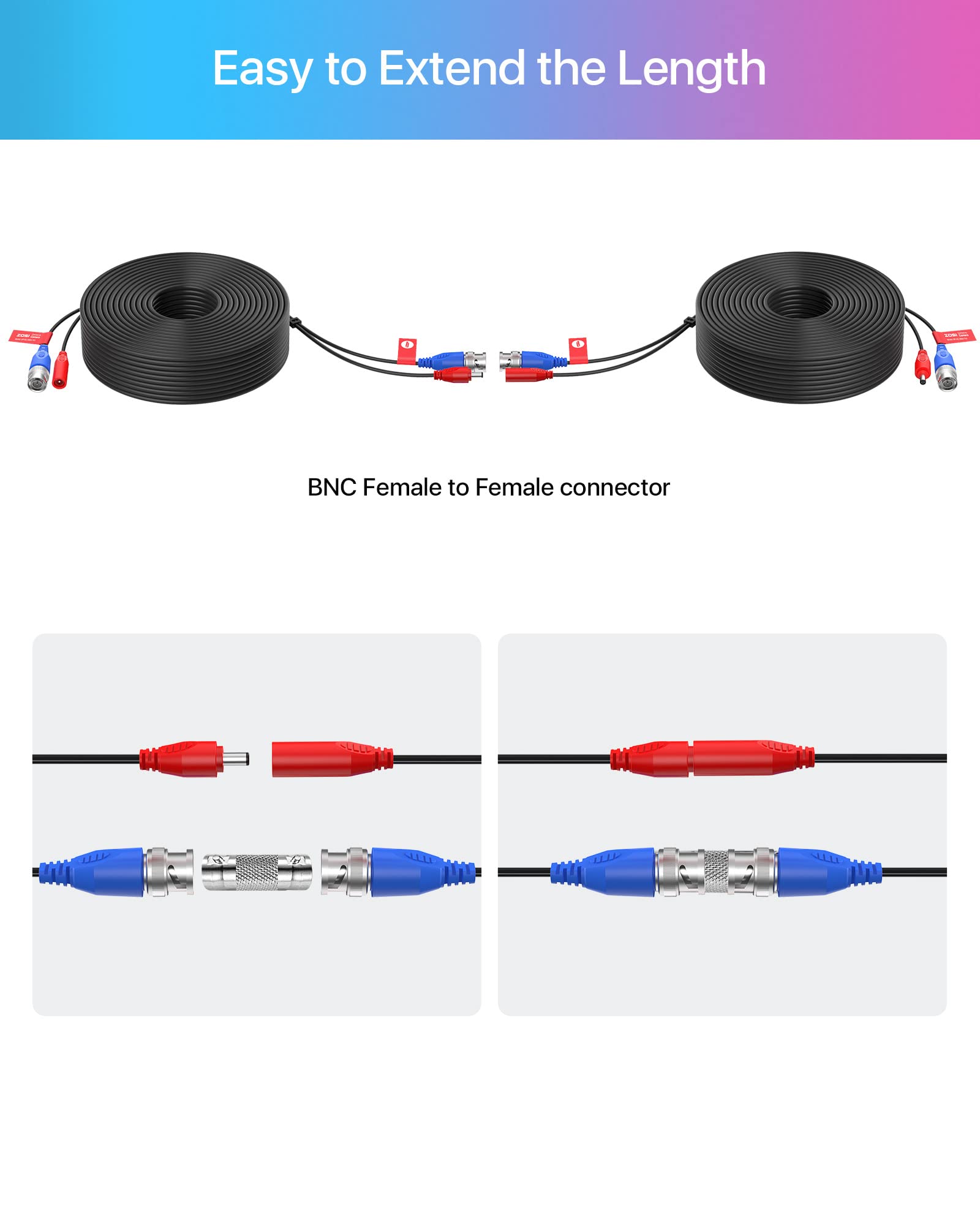 ZOSI 2 Pack 100ft All-in-One Video Power Cable, BNC Extension CCTV Camera Cable for Security DVR System, Included 2X BNC Connectors and RCA Adapters
