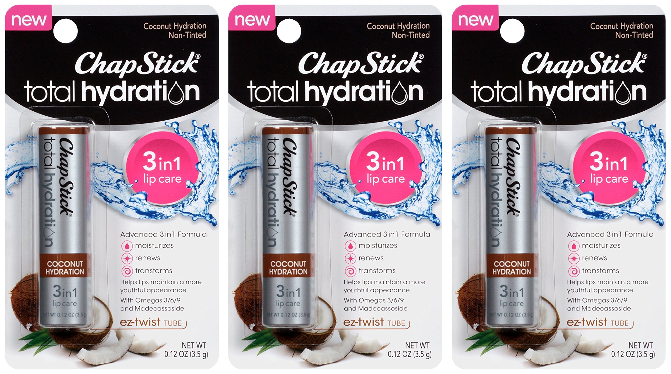 ChapStick Total Hydration 3-in-1 Lip Balm, Coconut Hydration, 0.12 Ounce (Pack of 3)