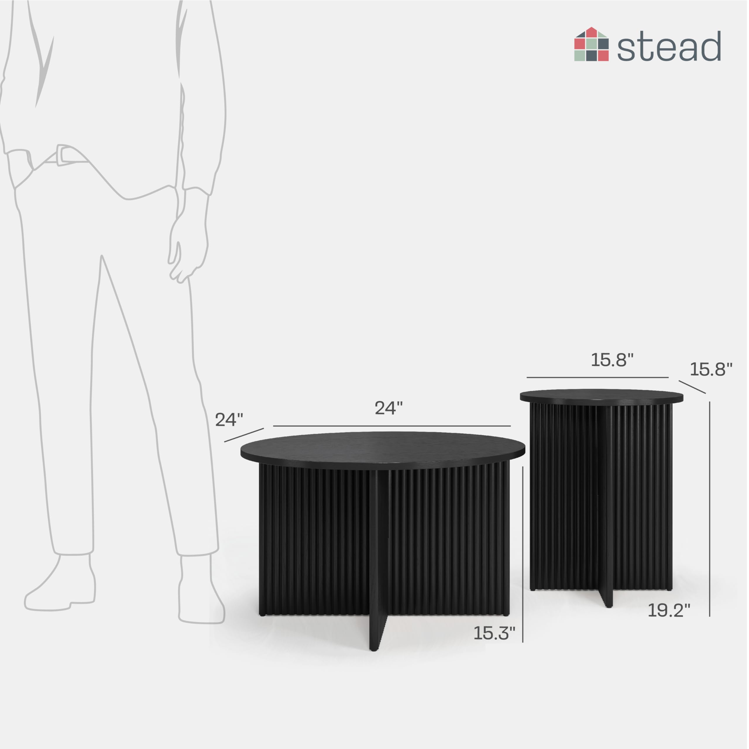 Round Fluted Nesting Coffee Table - 2 Piece Coffee Table Set - Living Room Furniture - Modern Home Decor - Solid Wood Base and Wood Grain Veneer Top (Blackened Oak)