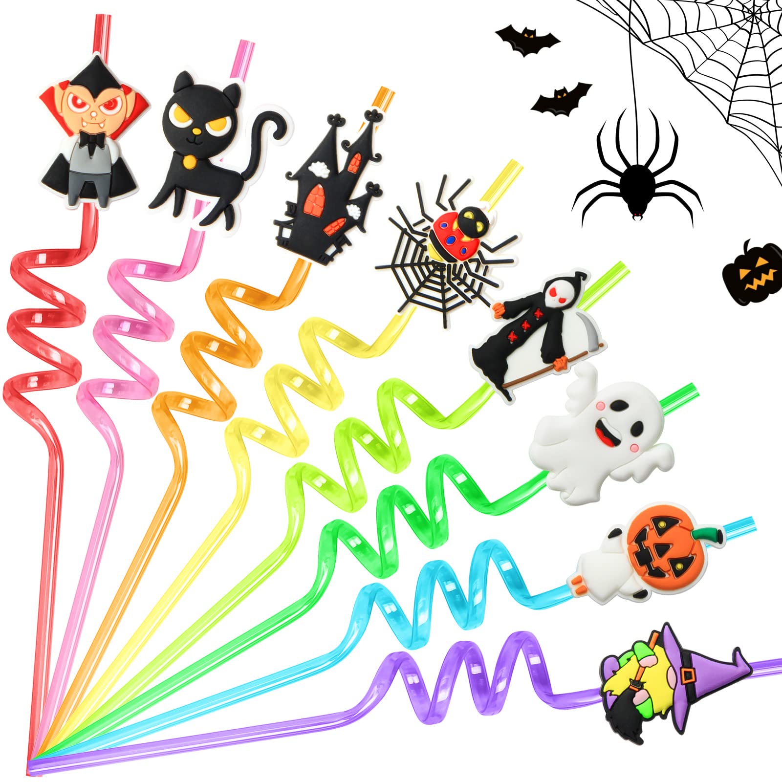 AFZMON 24 PCS Halloween Drinking Straws Reusable Pumpkin Skull Ghost Vampire Witch Plastic Beverages Cocktail Straw with Cartoon Decoration for Kids Halloween Party Supplies for Birthday Party Favors