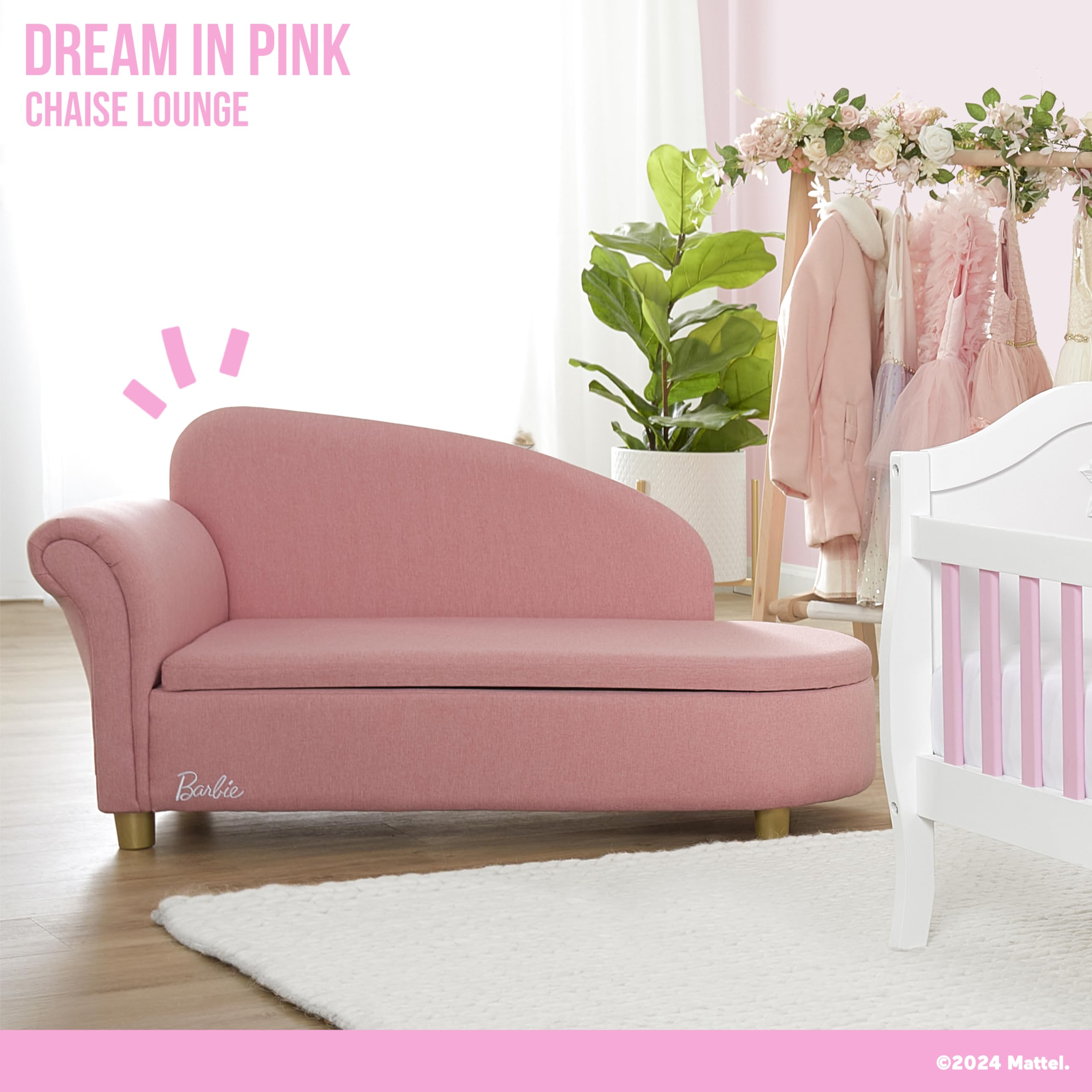Evolur Barbie Dream in Pink Chaise Lounge, Wrapped in Soft & Durable Linen Upholstery, Ample Storage Below The seat, Comfortable Rolled arm Rest with Stylish Raised Back Rest