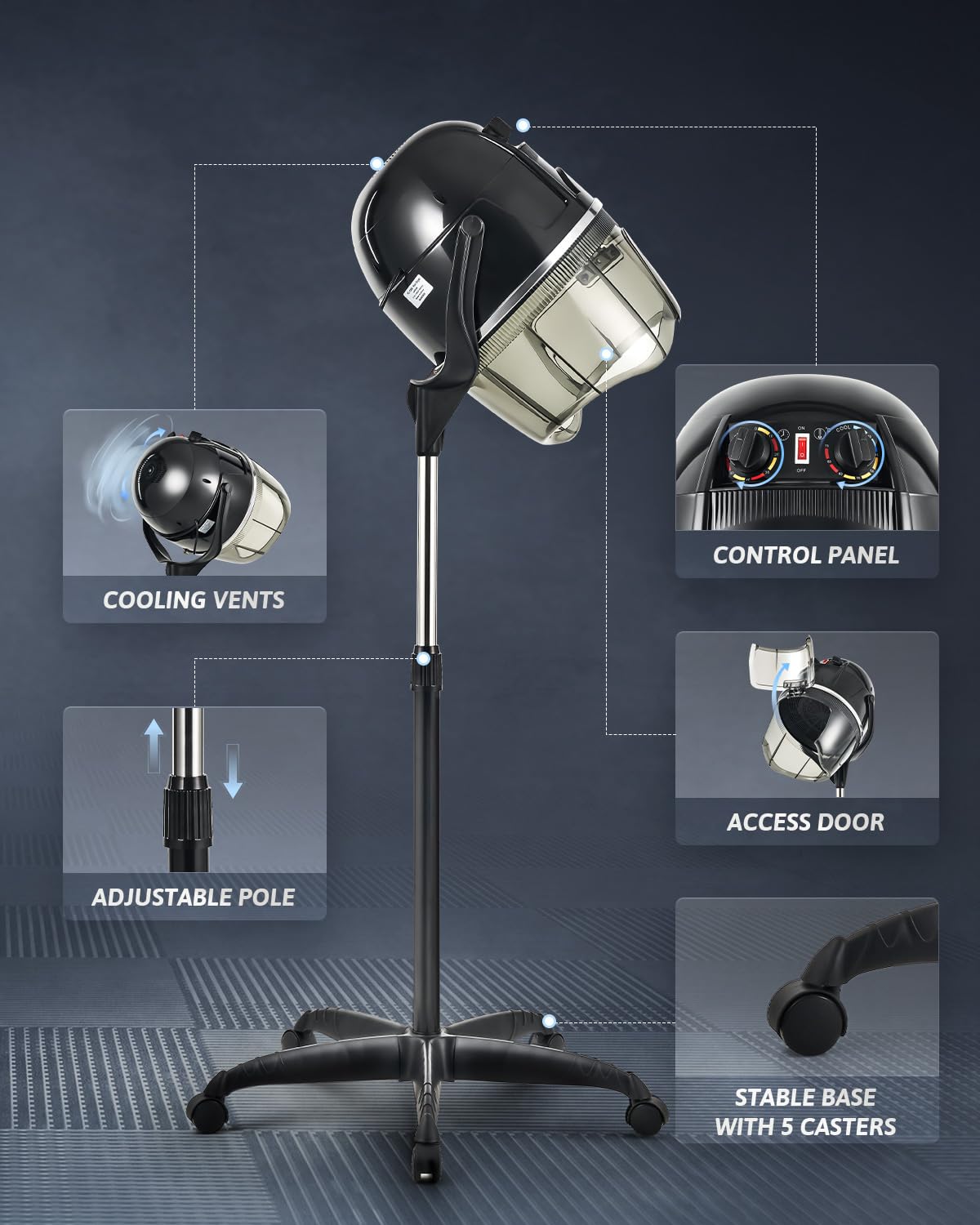 CO-Z Professional Adjustable Hooded Stand-Up Hair Bonnet Dryer with Timer Swivel Caster Rolling Base for Beauty Salon or Home Use