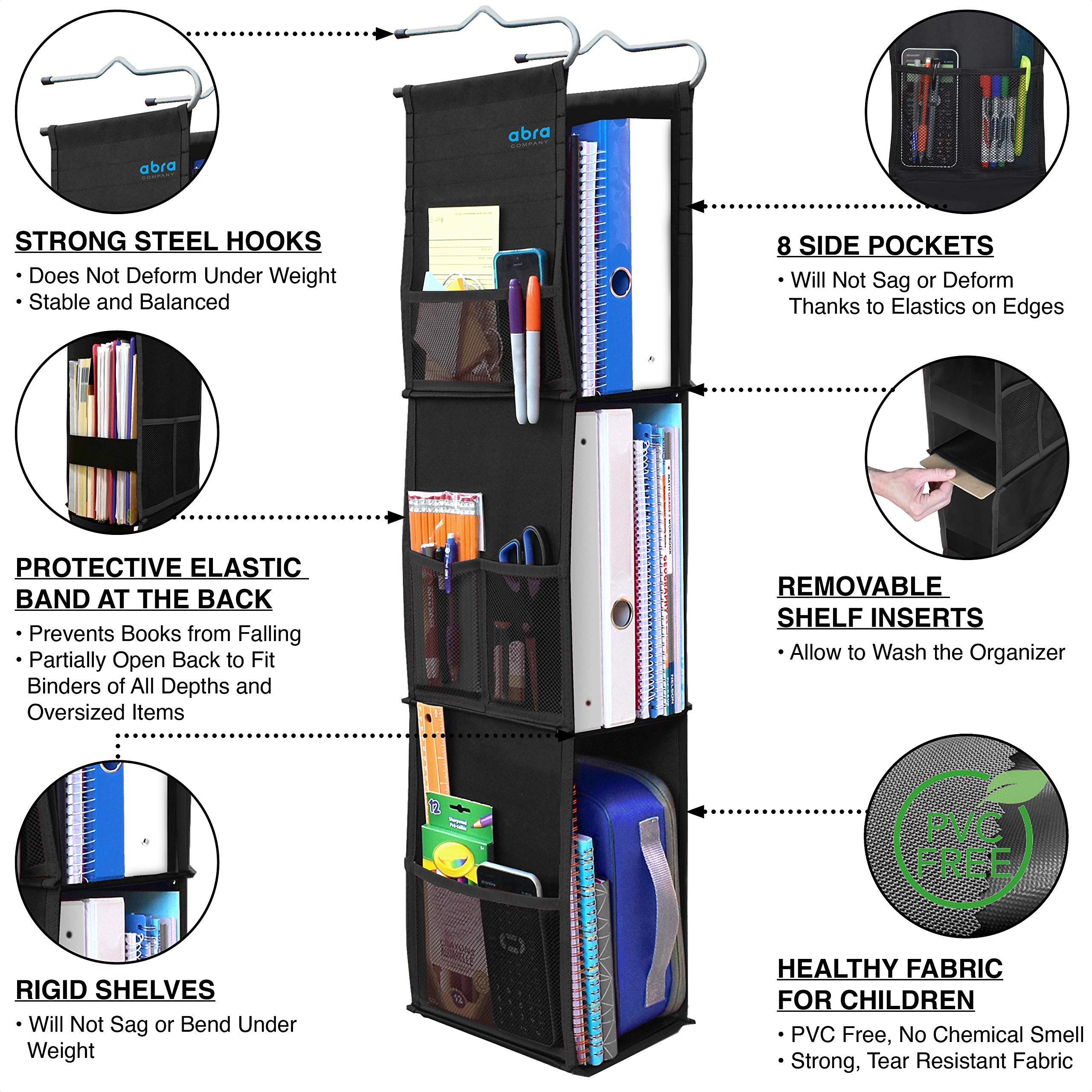 ABRA® 3 Shelf Hanging Locker Organizer for School, Work, Gym, Closet | Deep Shelves 6.5”x 9”| Eco-Friendly Fabric Healthy for Children | Adjustable School Locker Shelf from 3 to 2 Shelves (Pure Black)