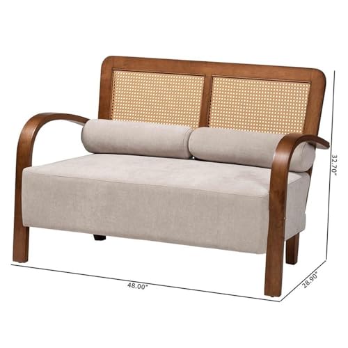 Baxton Studio Sage Modern Japandi Light Grey Fabric and Walnut Brown Finished Wood Loveseat with Woven Rattan