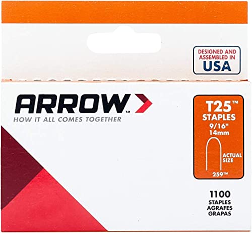 Arrow 259 T25 Heavy Duty Steel Staples for Installing Low Voltage Wires and Cables, Use with Holiday Lights, Doorbells, Alarm Systems, 1100-Pack, 9/16-Inch Leg Length, 5/16-Inch Crown Width