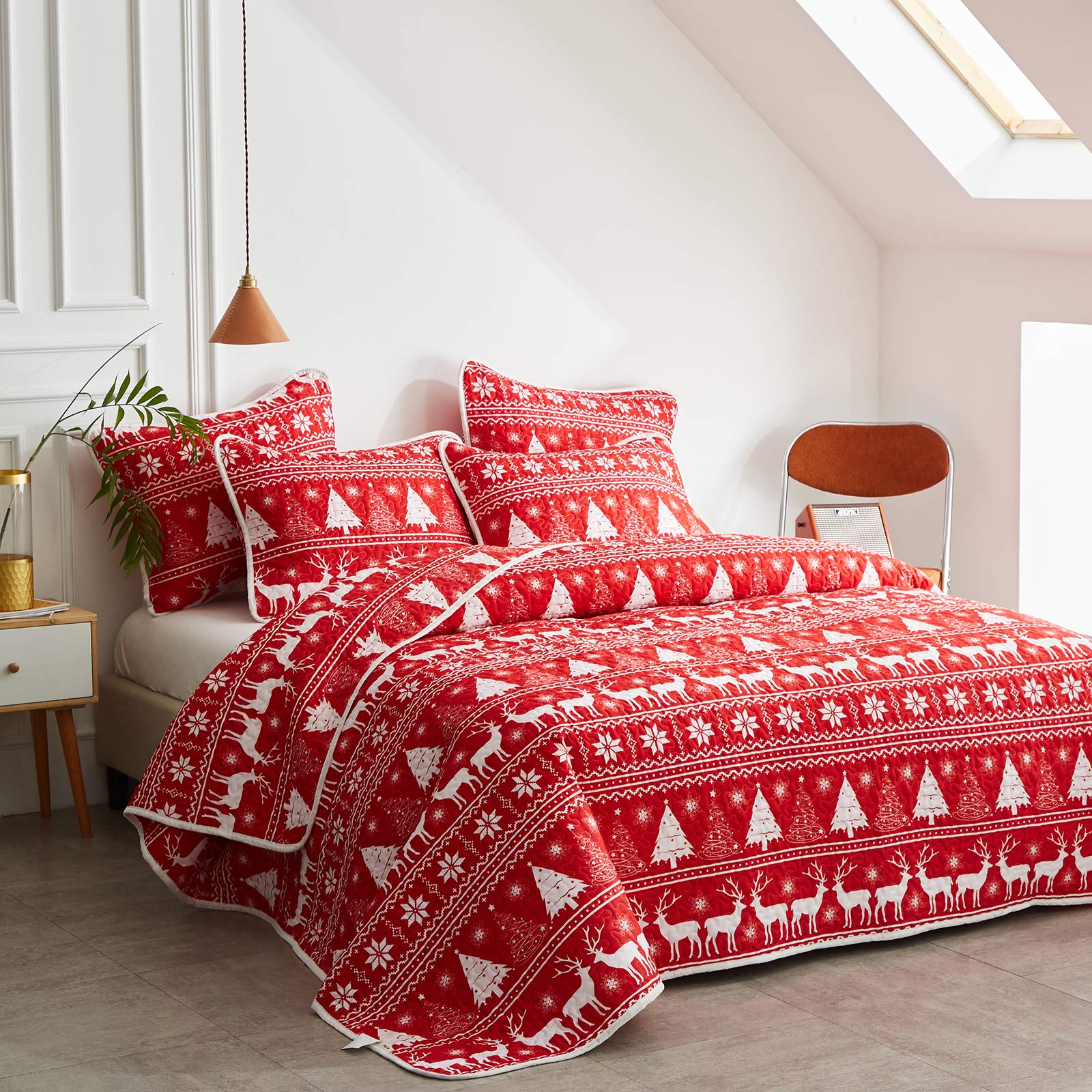 3 Pieces Quilt Set Christmas Red and White Deer with Snowflake King Size Full Queen 88"x88" Soft Microfiber Lightweight New Year Holiday Style Reversible