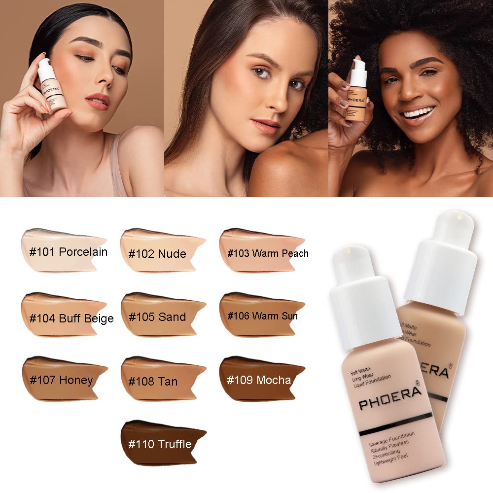 ABRUS® - PHOERA Foundation, Full Coverage Foundation, Soft Matte, Oil Control Concealer, Foundation Makeup Face Make up Long Lasting 24HR Waterproof 30ml (1 Piece - 102 Nude)