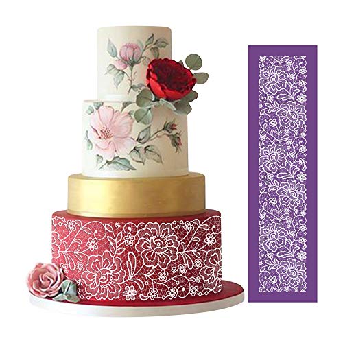 ART KITCHENWARE Flower Mesh Cake Stencils for Royal Icing Peony Cake Lace Stencil for Wedding Cake Decorating Cookie Stencils for Bakery 19"×5.12"