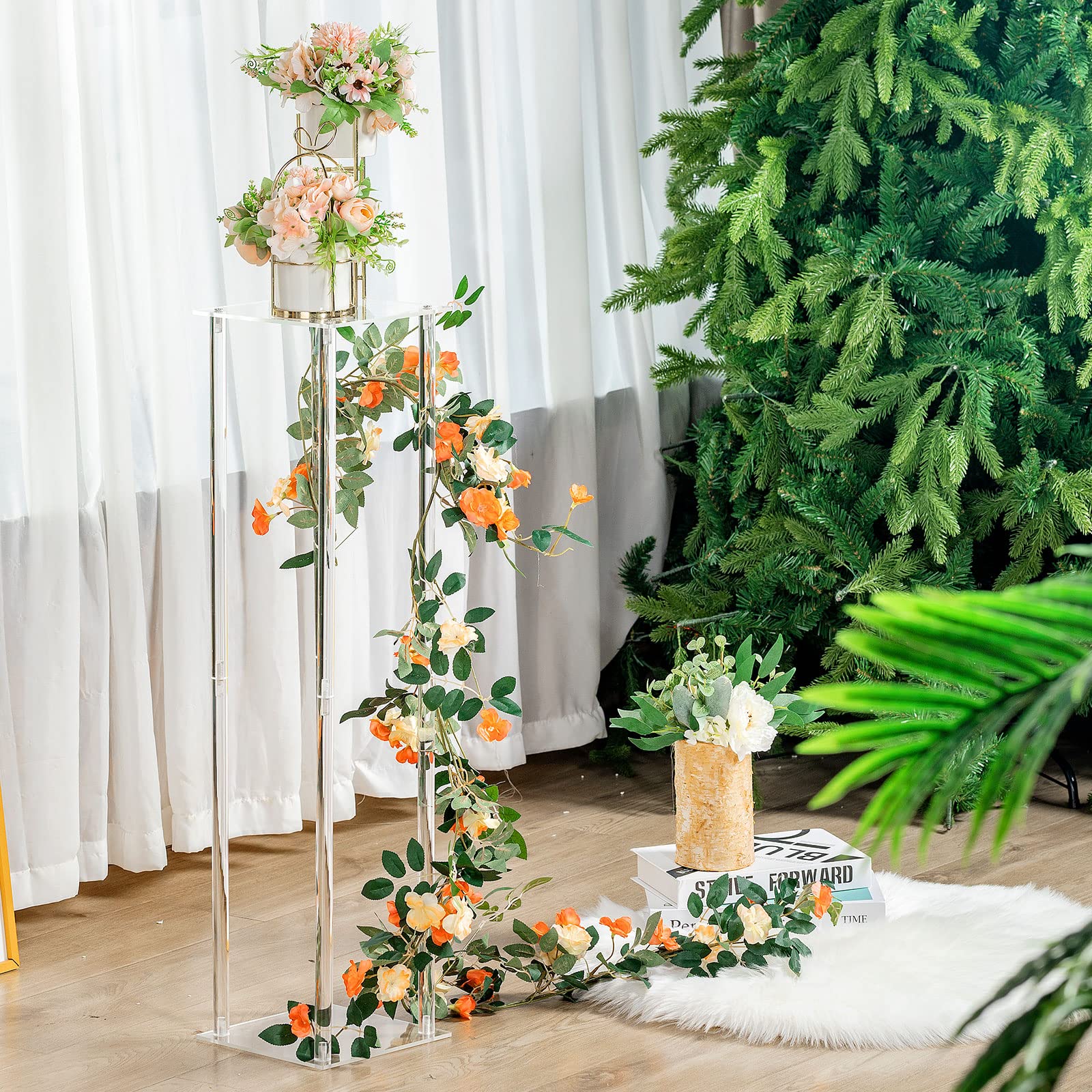 6 Pcs Flower Stand for Wedding Centerpieces for Tables Tall Vase Stand Wedding Flower Stands with Plates for Wedding Party Home Table Decor (7.9 x 7.9 x 31.5 Inch, Acrylic)
