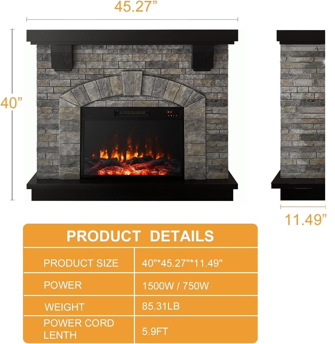 45 Inch Electric Fireplace with Mantel, Tall Fire Place Heater Freestanding with Remote Control Timer LED Flame for Living Room Bedroom, Gray