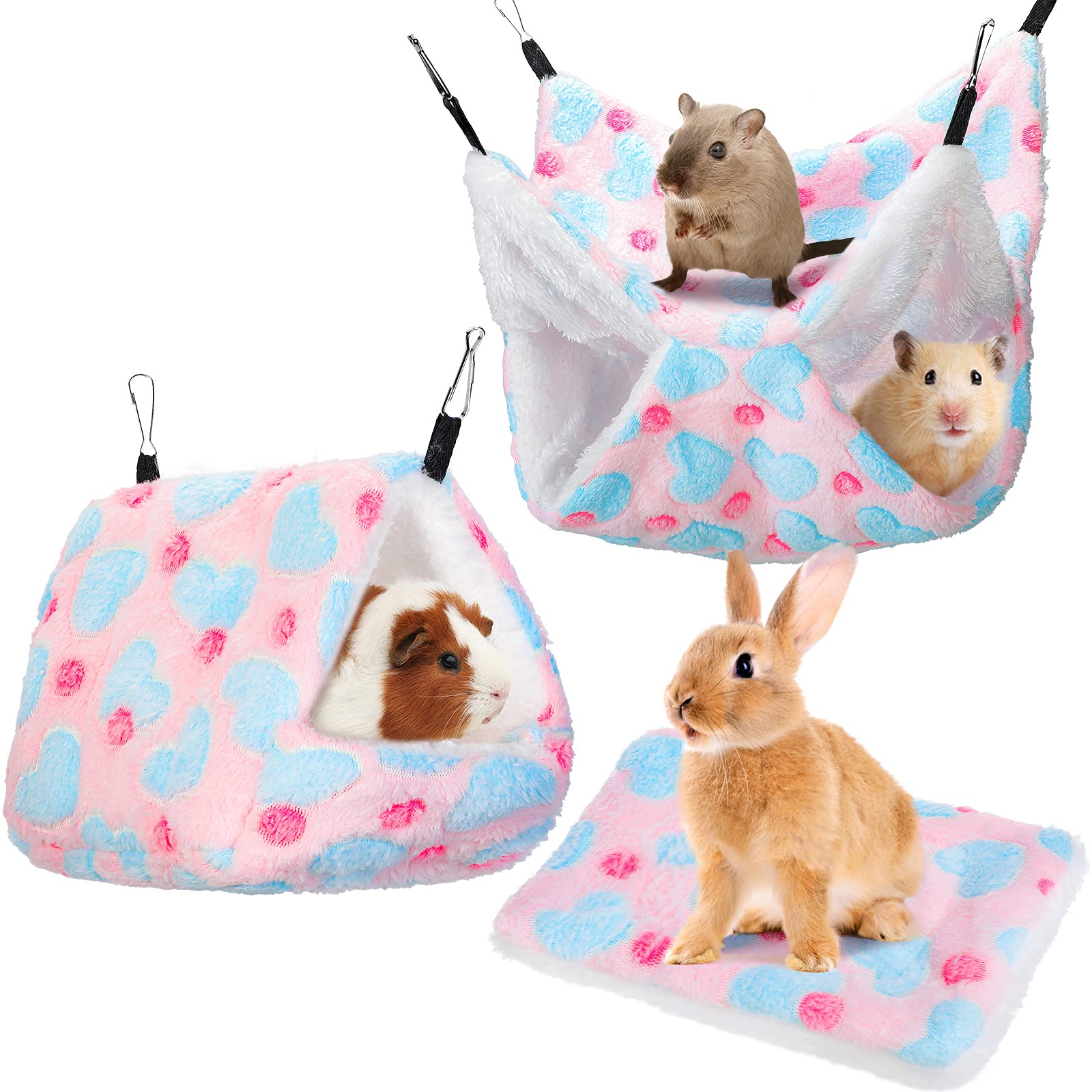3 Pieces Small Pet Cage Hammock Set Include Double-Layer Sugar Glider Swinging Bed Hanging Rat House Cage and Hamster Warm Bed Mat for Rat Parrot Ferret Squirrel Hamster Rat Playing Sleeping (Pink)