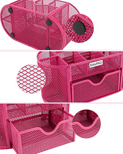 EasyPAG Desk Organizer Mesh Desktop Office Supplies Multi-functional Caddy Pen Holder Stationery with Drawer,Pink