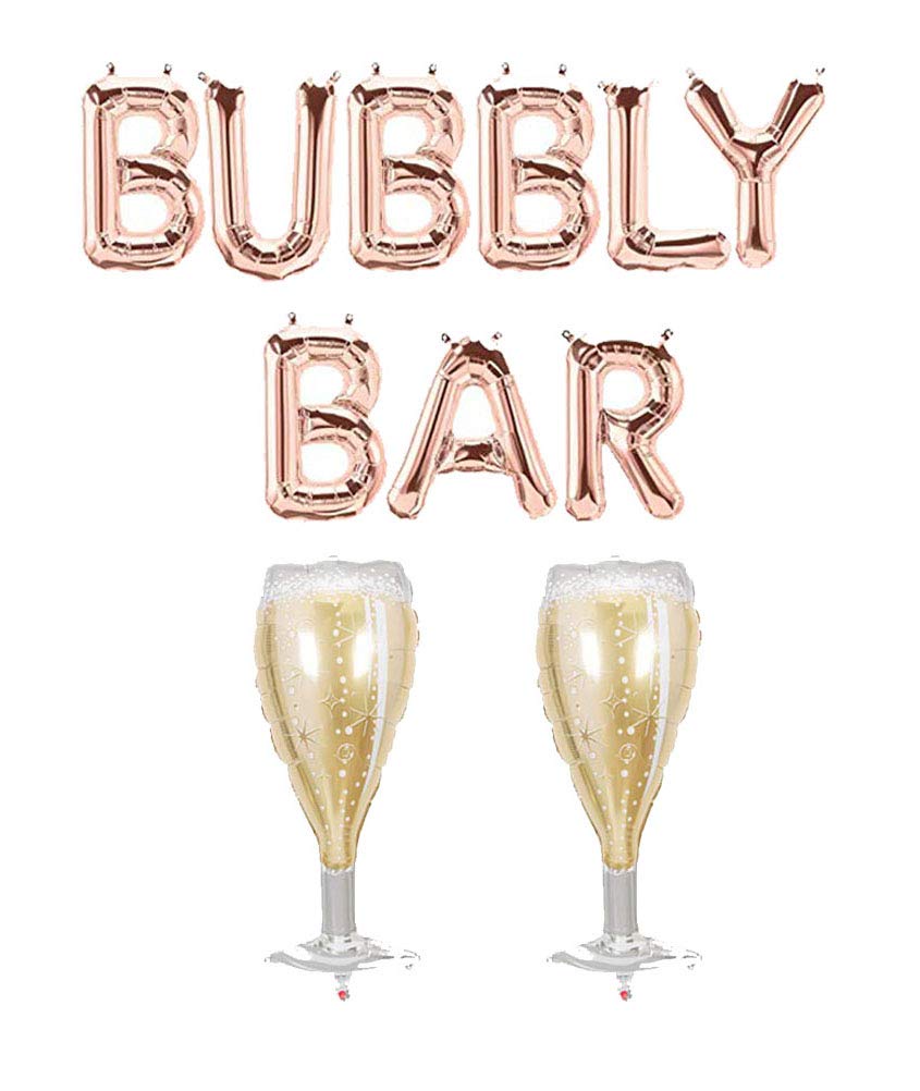 AnnoDeel 16inch BUBBLY BAR Letter Foil Balloons, Rose Gold Letter Balloons and 2pcs Champagne Glass Mylar Balloons for Bridal Shower Engagement Party Banner Wedding Graduation Party Supplies