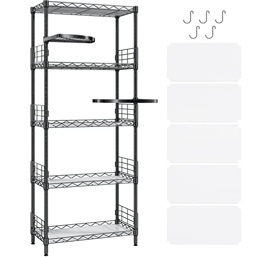 LINSY HOME 5-Tier Storage Shelves with 2 Rotatable Shelves, Height Adjustable Metal Pantry Shelves with 5 Hooks and Shelf Liners, Heavy Duty Metal Shelving, Wire Shelving for Kitchen, Bathroom -Dark