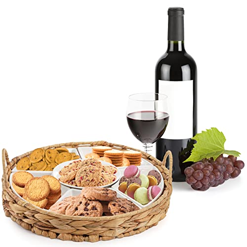AVLA Ceramic Divided Serving Dishes, Porcelain Relish Tray, Party Appetizer Platter, 6 Removable Snack Bowls with Cattail Basket for Chips and Dips, Candy, Nut, Condiment, Veggie, Portable Handle