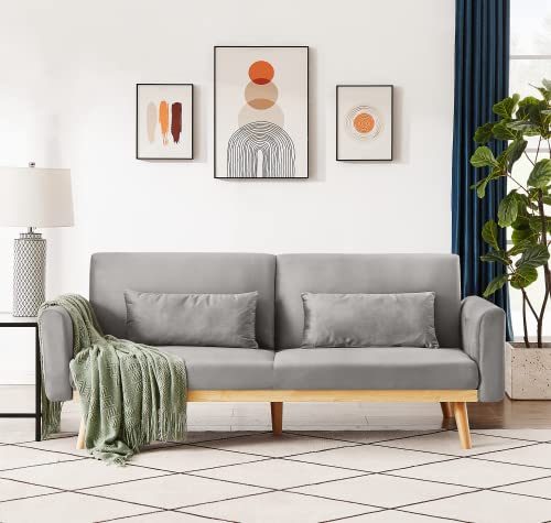 AWQM Velvet Futon Sofa Bed, Memory Foam Couch Set, Upholstered Modern Daybed Convertible Folding Loveseat Recliner with Pillows and Wooden Frame for Compact Living Room, Apartment, Dorm, Office (Grey)