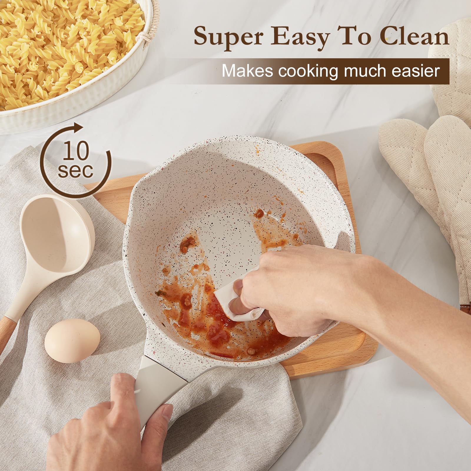 ROSSETTO 1.5QT Sauce Pan with Lid, Ceramic Non Stick Small Pot for Cooking, Saucepan with Pour Spout, Dishwasher Safe, Induction Pot with Bakelite Handle, PFOA and PFAS Free, White Granite