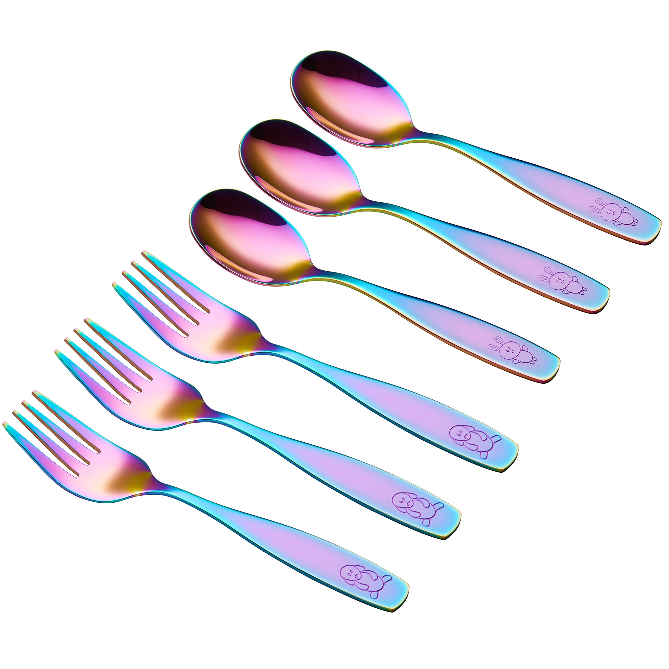 ANNOVA Kids Silverware Children's Safe Flatware Set Stainless Steel - Forks, Dinner Spoons, Toddler Utensils (Engraved Dog Bunny) (UV Rainbow,12 Pieces)