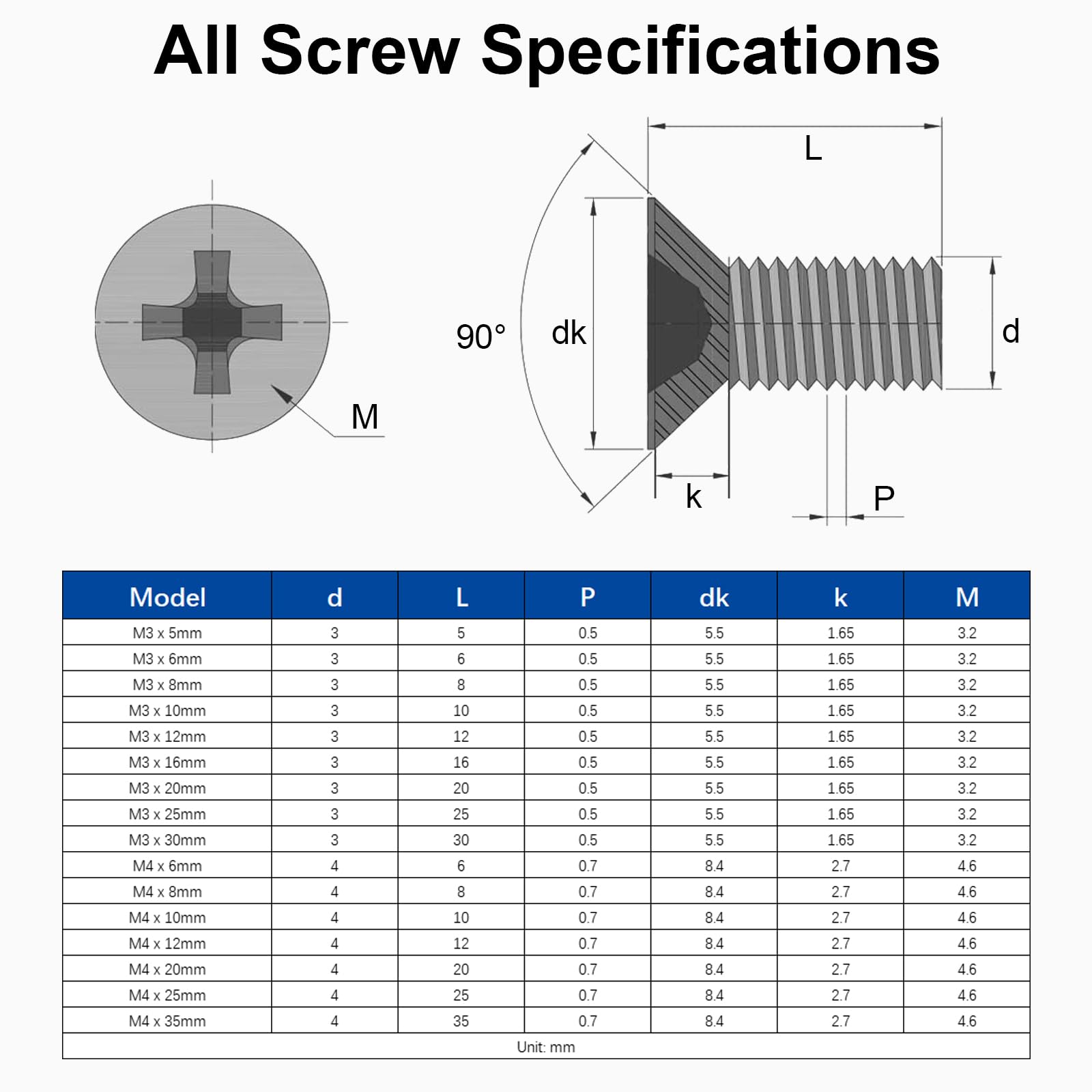 MroMax 100Pcs M3-0.5x16mm Phillips Flat Head Countersunk Machine Screws 304 Stainless Steel Cross Recessed Countersunk Head Bolt Fully Threaded Metric Bolts Fasteners Silver