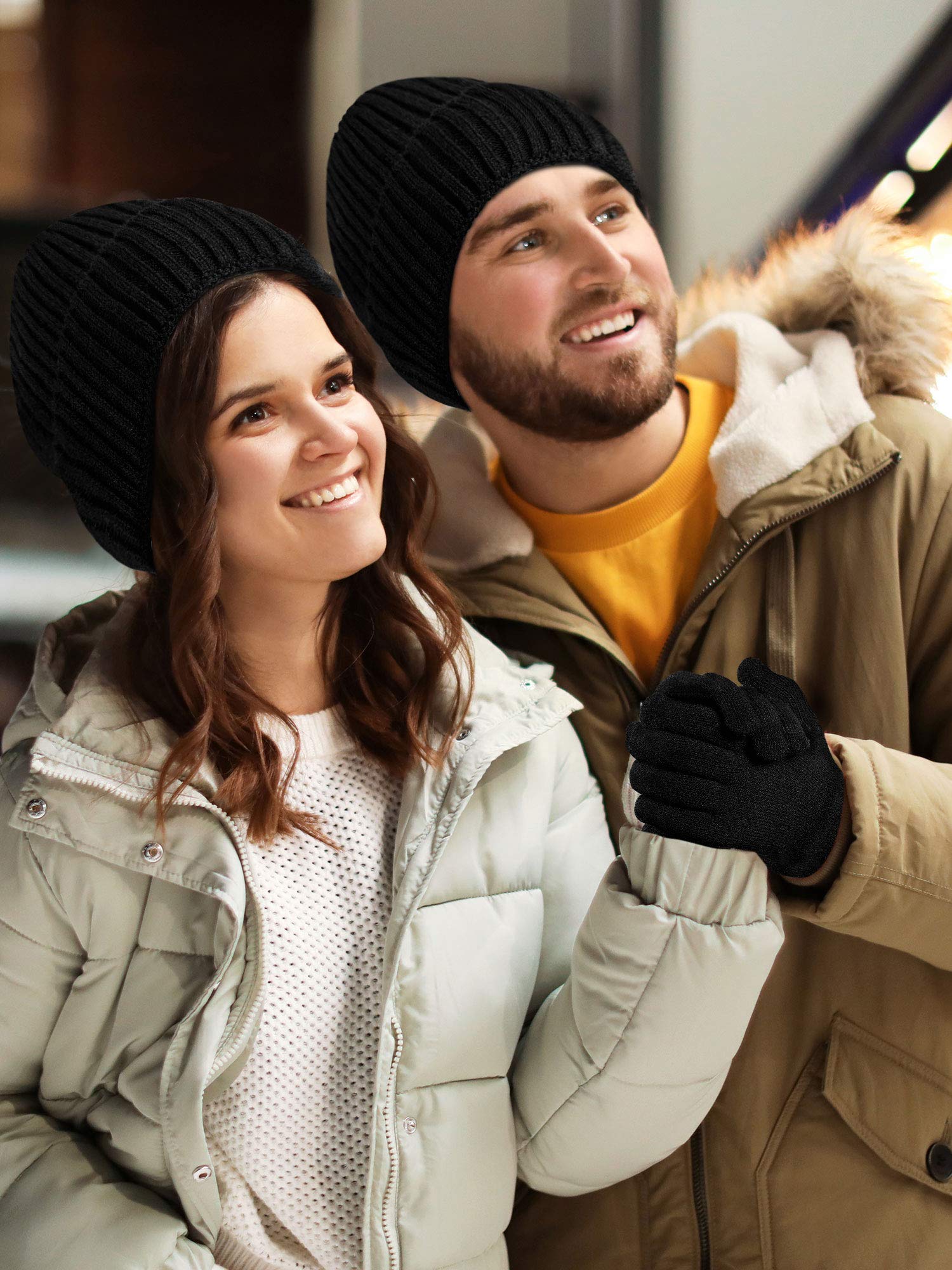 3 Pieces Winter Warm Set Beanie Hat Scarf Touchscreen Gloves (Black)
