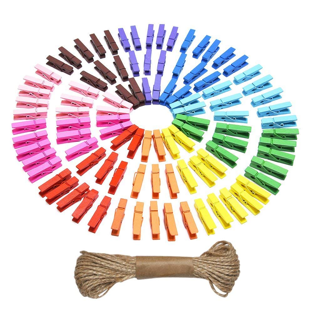 EBOOT Mini Natural Wooden Clothespins Photo Paper Peg Pin Craft Clips with Natural Twine, 100 Pieces (10 Colors)