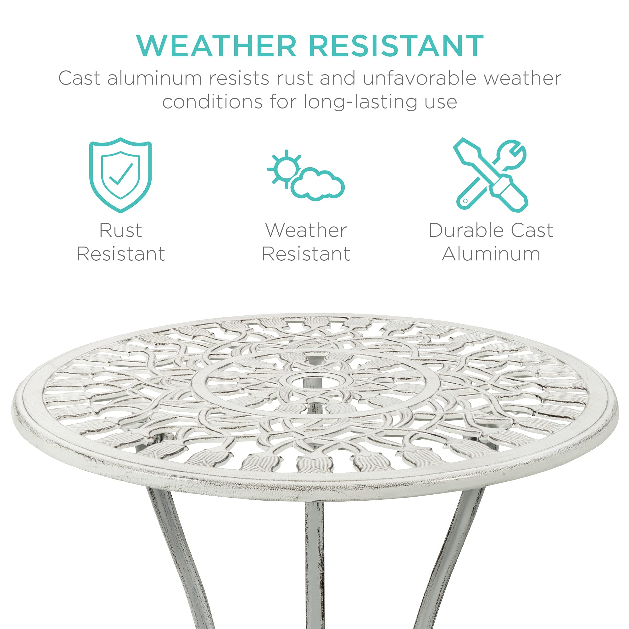 Best Choice Products 3-Piece Outdoor Rust-Resistant Cast Aluminum Patio Bistro Set w/Tulip Design, Antique Finish - White