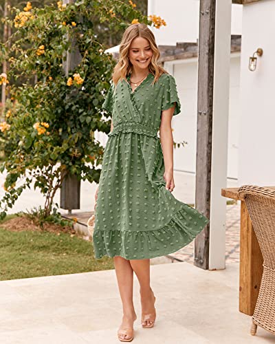 BTFBM Elegant Short Sleeve V Neck Swiss Dot Midi Summer Dresses for Women 2023 Boho Ruffle Long Dresses Ruffle Cocktail Dress(Solid Green,X-Large