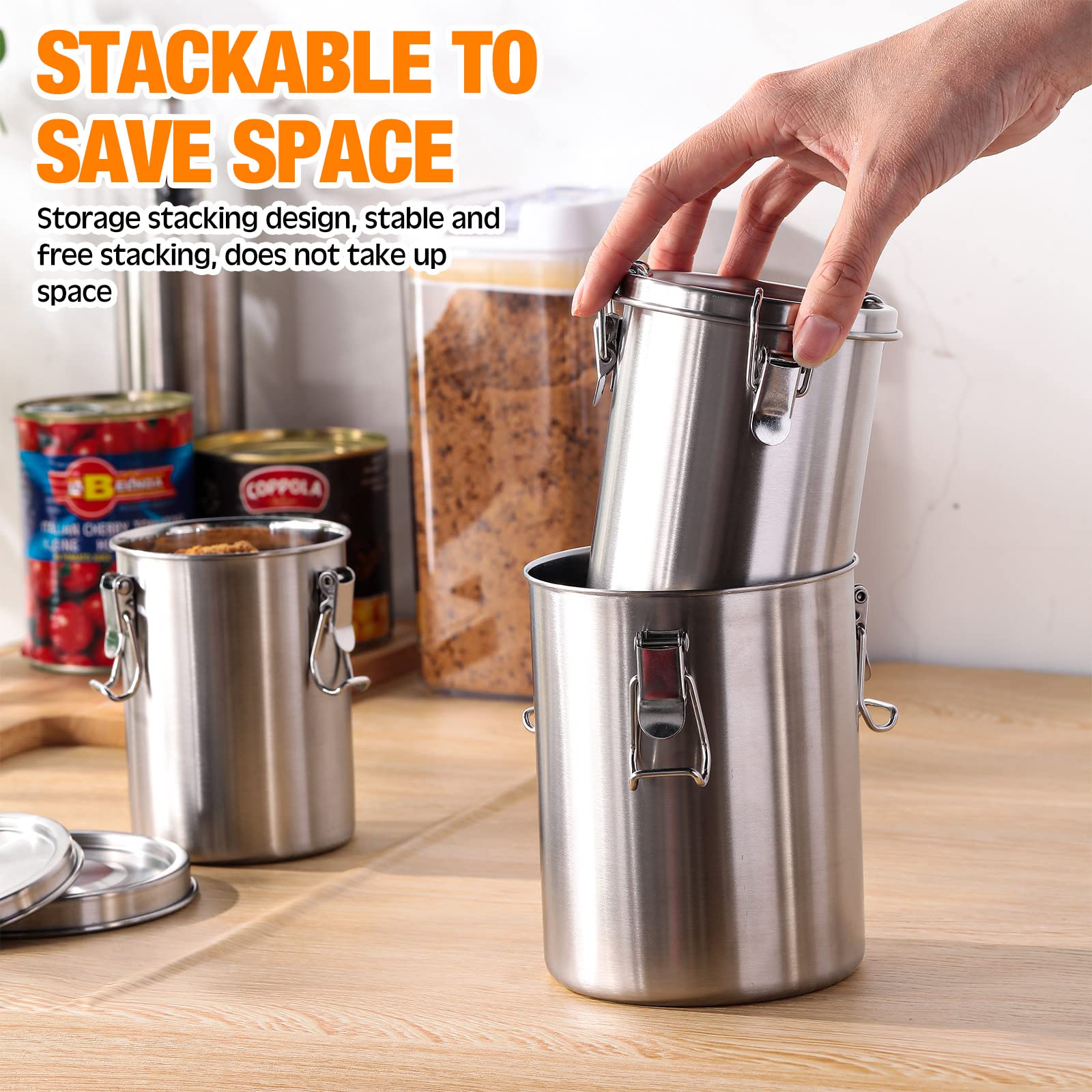 6 Pcs Stainless Steel Canisters Sets for Kitchen Counter Airtight Food Storage Containers with Lids Metal Coffee Tea Sugar Flour Canisters Bulk 17.6 oz, 33.8 oz