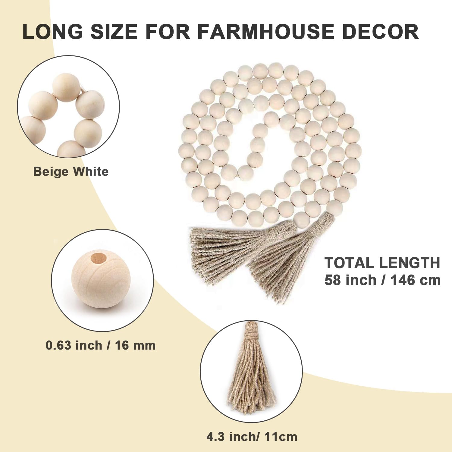 58 in Wood Bead Garland with Tassels, Farmhouse Beads Rustic Wooden Prayer Beads Boho Beads for Style Mirrors, Vases, Sideboards, Coffee Tables Decor (Nature)