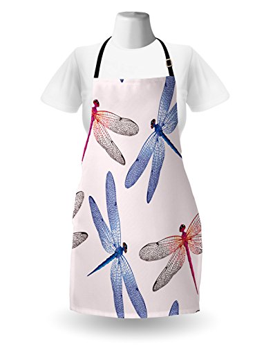 Ambesonne Dragonfly Apron, Dragonfly Forms High Detailed Ornate Irregular Macro Retro Simplistic Print, Unisex Kitchen Bib with Adjustable Neck for Cooking Gardening, Adult Size, Pink Blue