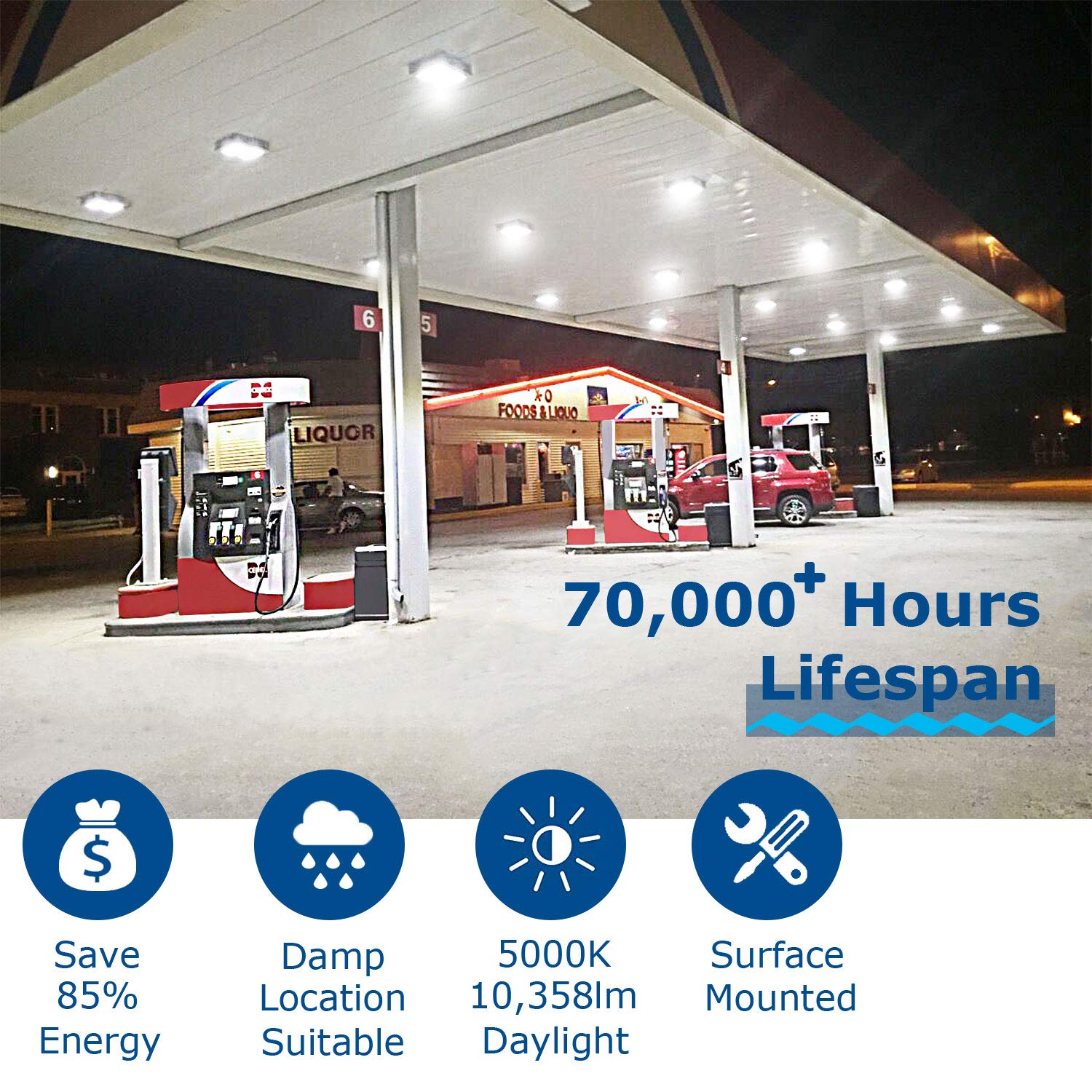 Hytronics 100W LED Canopy Gas Station Light, 5000K 10485Lumens, UL Listed & DLC Certificate, Sheet-Metal Lamp Body, IP 65 Rating Waterproof.
