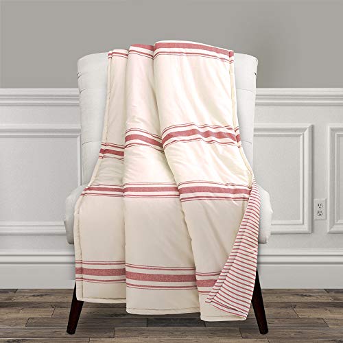 Lush Decor Farmhouse Stripe Throw - Reversible Ticking Pinstripe Design Blanket, 50" x 60", Red