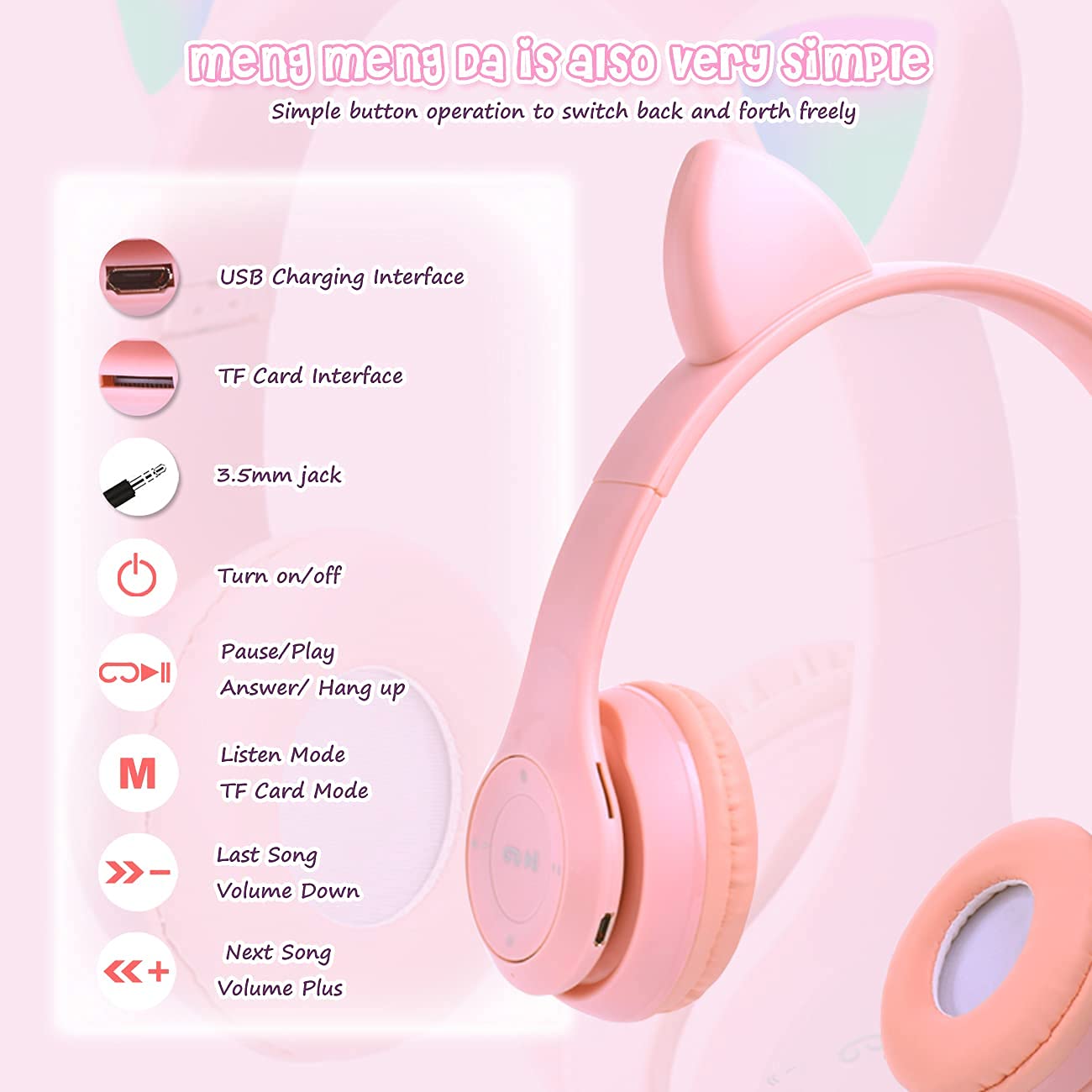 Bluetooth Cat Ear Kids Headphones with Mic, arVin Wireless/Wired Foldable Over-Ear Headset with Led Light UP & 85db Volume Limited for School, Online Learning, Boys, Girls, Children, Tablet, iPad & PC