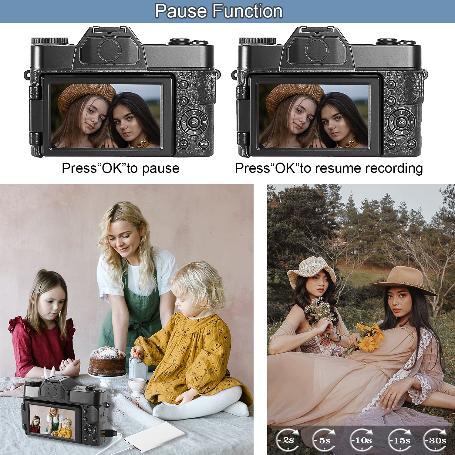 4K Digital Cameras for Photography 48MP Vlogging Camera 16X Digital Zoom Manual Focus Rechargeable Students Compact Camera with 52mm Wide-Angle & Macro Lens, 32G TF Card and 2 Batteries
