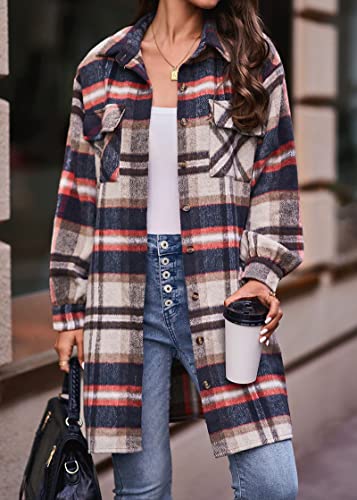 BTFBM Women's Corduroy Shacket Jacket Shirts Lapel Long Sleeve Oversized 2023 Fall Winter Button Down Shirt Dress Pocket(Plaid Khaki, Medium)