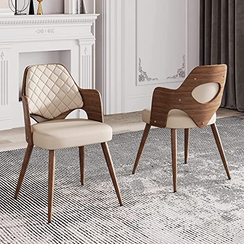 AQG Mid Century Modern Dining Chairs Set of 2, Upholstered Faux Leather Walnut Curved Back Contemporary Kitchen Dining Accent Chair, Minimalist Vintage Style (Beige, Pack of 2)