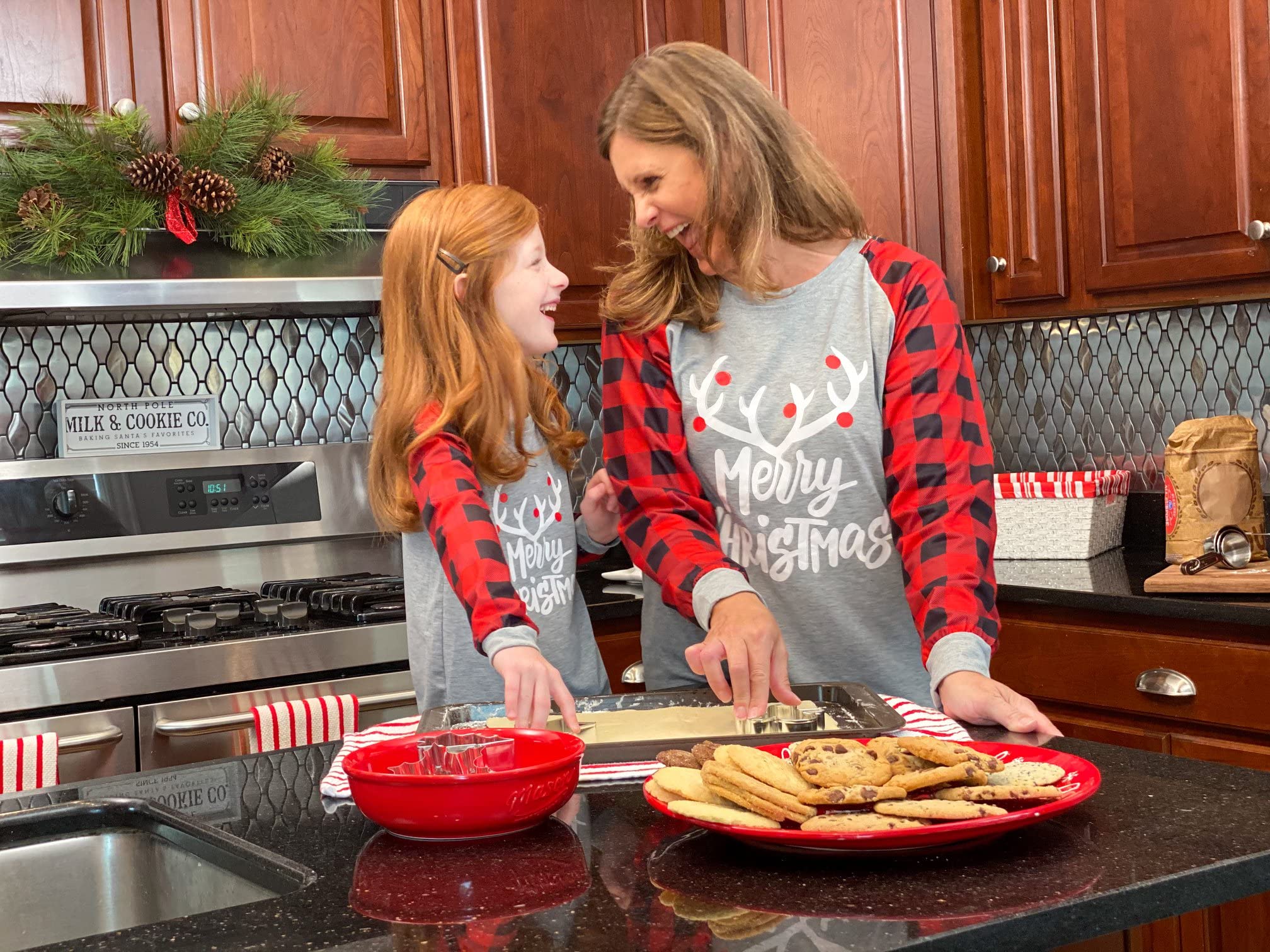 IFFEI Matching Family Pajamas Sets Christmas PJ's with Letter and Plaid Printed Long Sleeve Tee and Bottom Loungewear Women-Medium Grey
