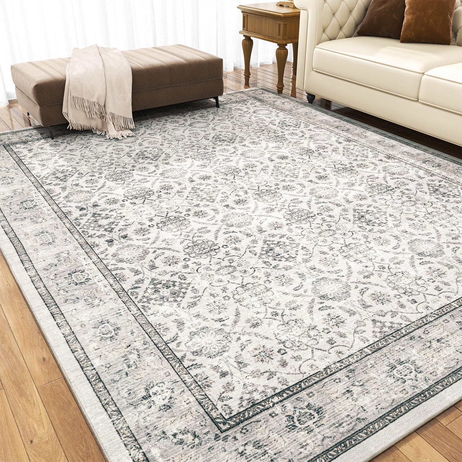6x9 Washable Area Rug for Living Room Bedroom - Vintage Boho Carpet Large Soft Distressed Floral Floor Rug for Dinning Room Playroom Home Office Indoor Room Decor,Grey