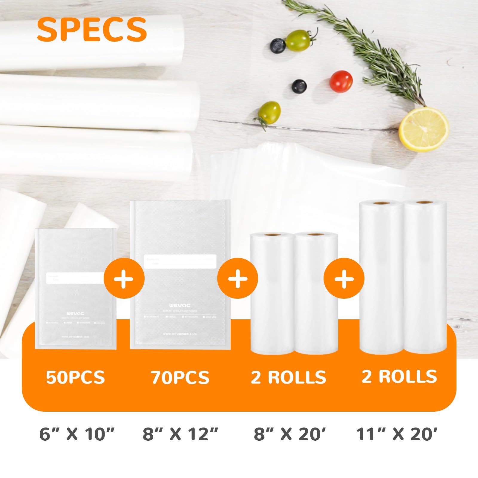 All-in-One Variety Pack Vacuum Sealer Bags & Rolls β 50x 6''x10'', 70x 8''x12'', 2 Rolls 11''x20', 2 Rolls 8''x20' β Premium Commercial-Grade for Food Storage, Meal Prep, & Sous Vide, Wevac