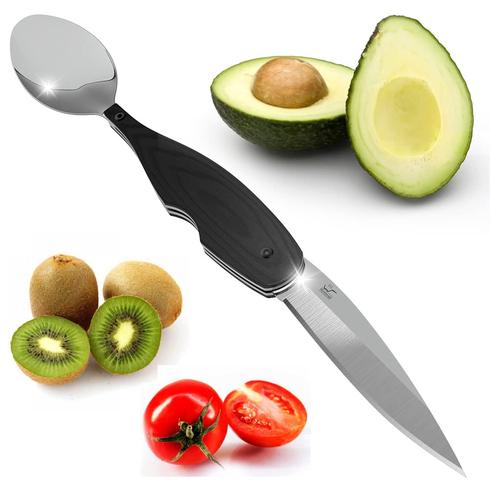 wonderoad Sharp Folding Fruit Knife Spoon Combo Blade 3.5" Avocado Slicer Kiwi Cutter Travel Camping Utensils Stainless Steel Kitchen Vegetable